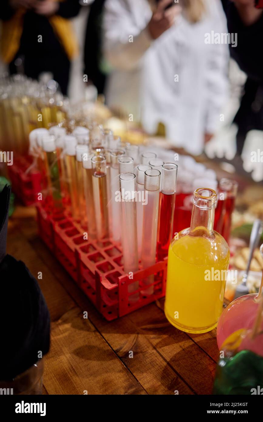 Laboratory glassware with alcohol cocktail's on chemical party Stock ...