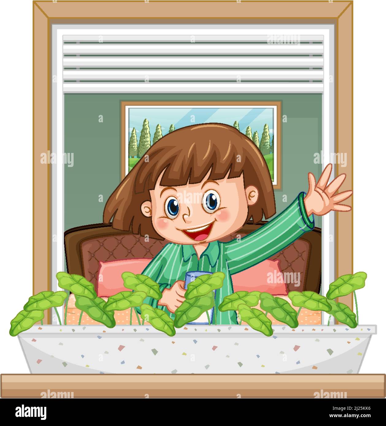 View through the window of a girl cartoon character illustration Stock ...