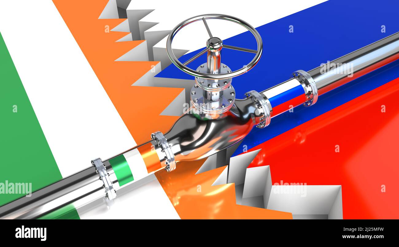 Gas pipeline, flags of Ireland and Russia - 3D illustration Stock Photo ...