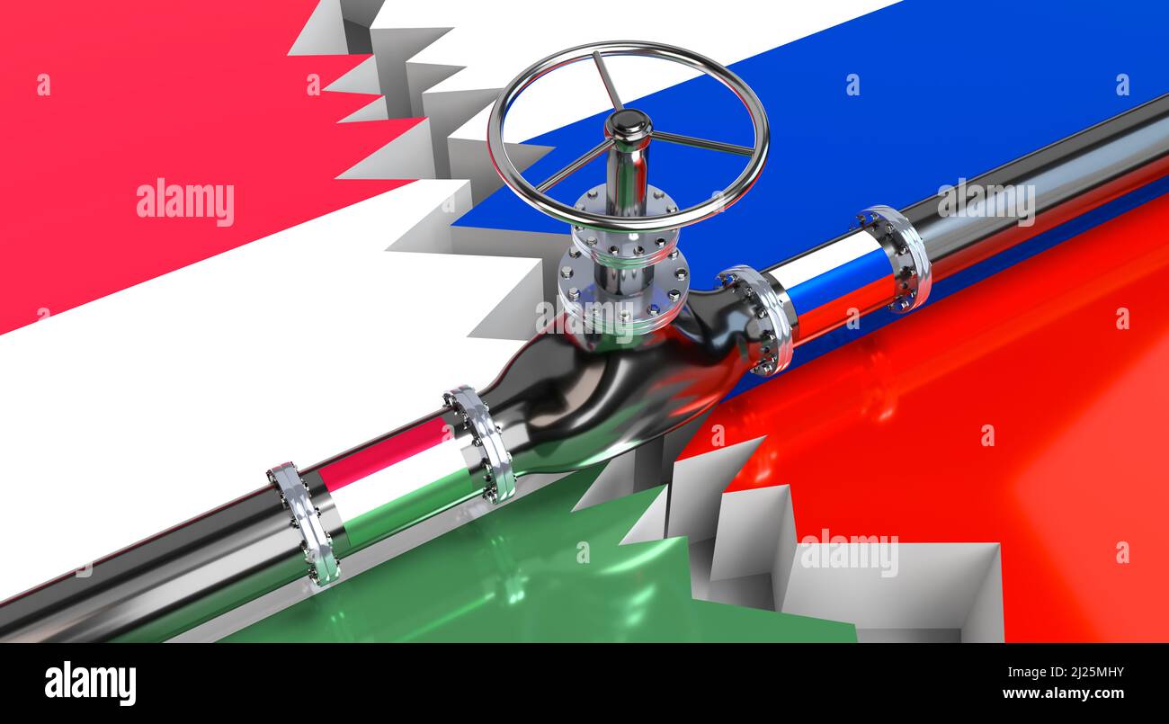 Gas pipeline, flags of Hungary and Russia - 3D illustration Stock Photo ...
