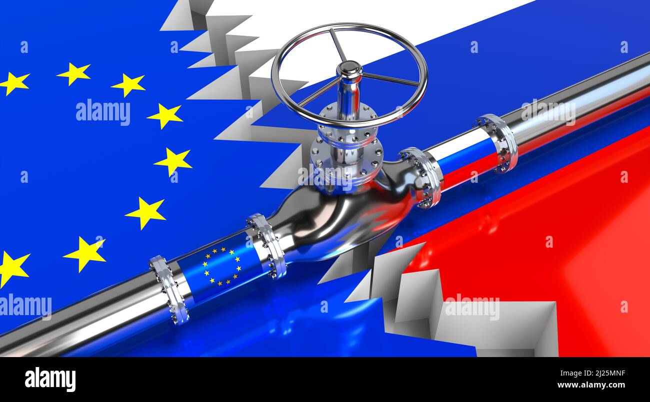 Gas pipeline, flags of European Union and Russia - 3D illustration ...