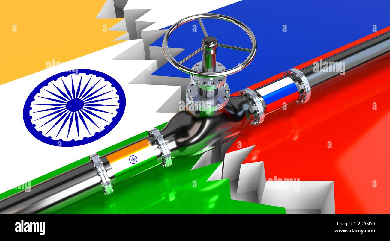 Gas pipeline, flags of India and Russia - 3D illustration Stock Photo ...