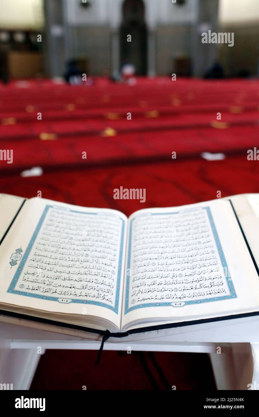 Prayer room and open Quran at the Geneva mosque Stock Photo - Alamy