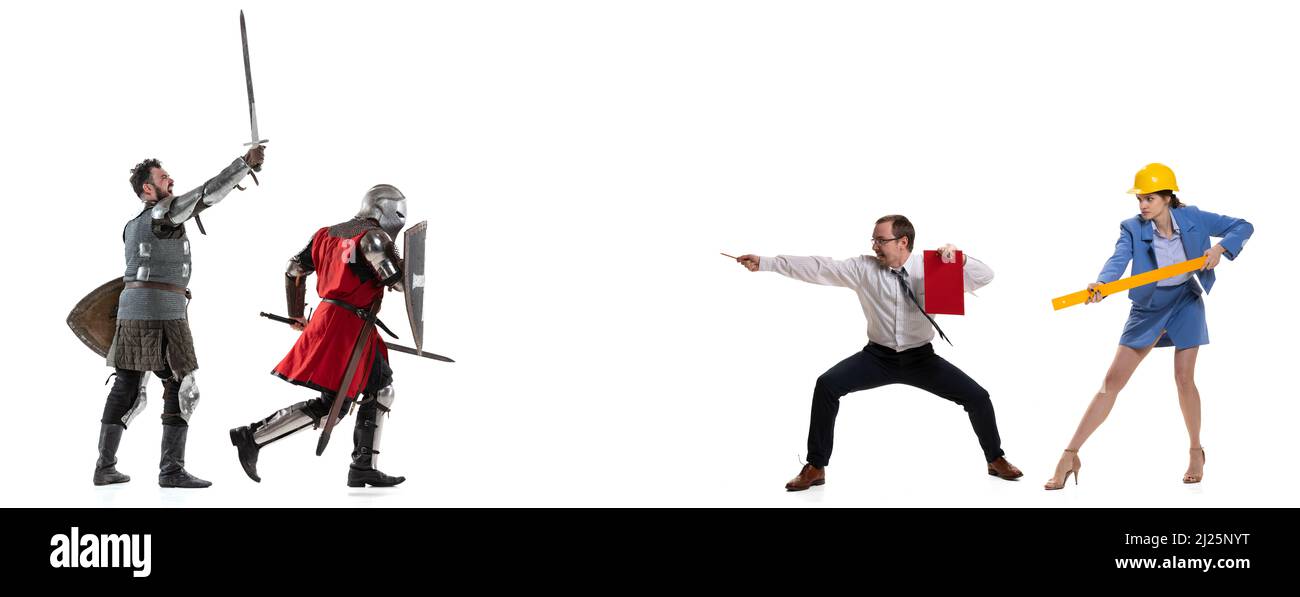 Modern versus medieval. Young male and female office managers and ...