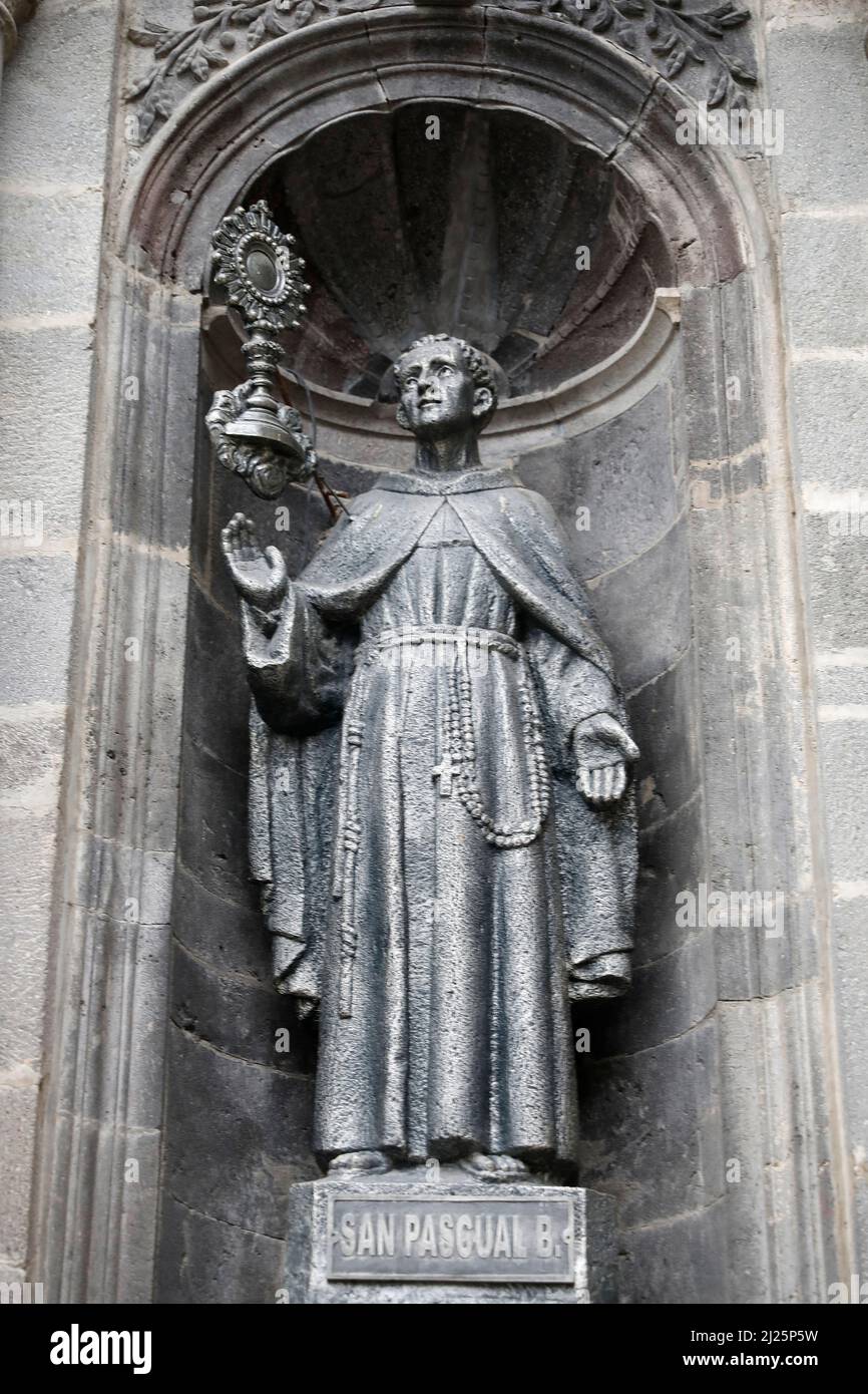 San Pascal statue on a church facade, Cotacachi, Ecuador Stock Photo ...