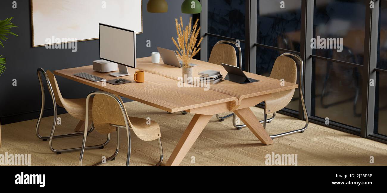 Set of modern wooden table and chairs in the meeting conference room ...
