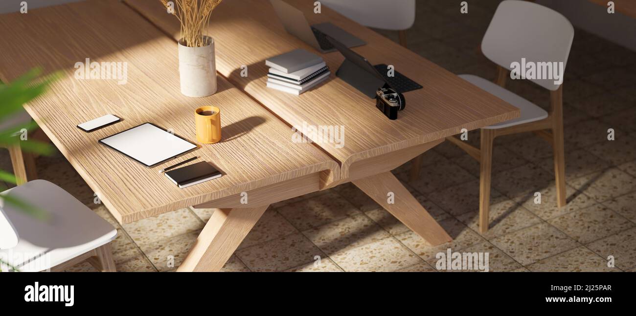 Comfortable modern minimal bright office co-working space with tablet ...