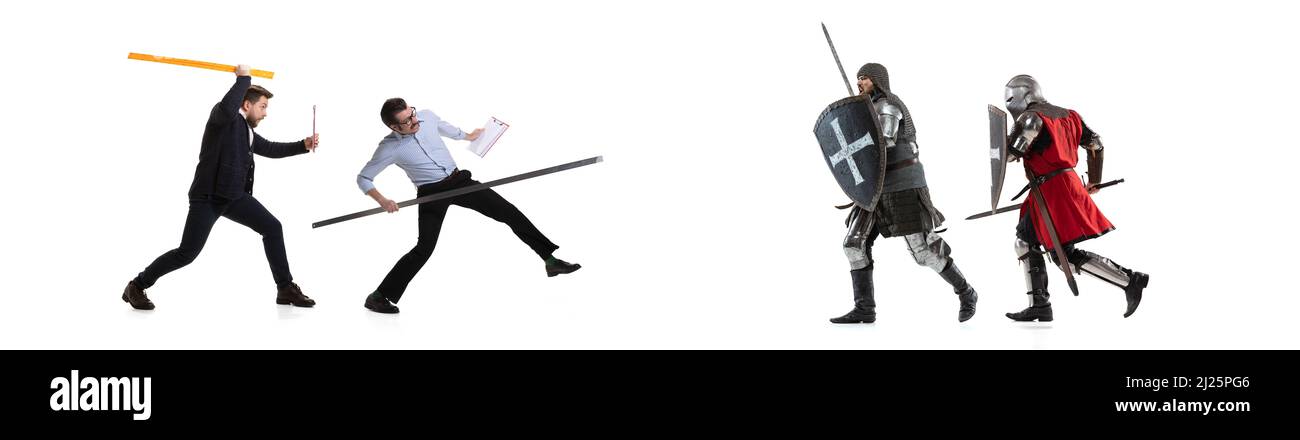 Modern versus medieval. Young male and female office managers and ...