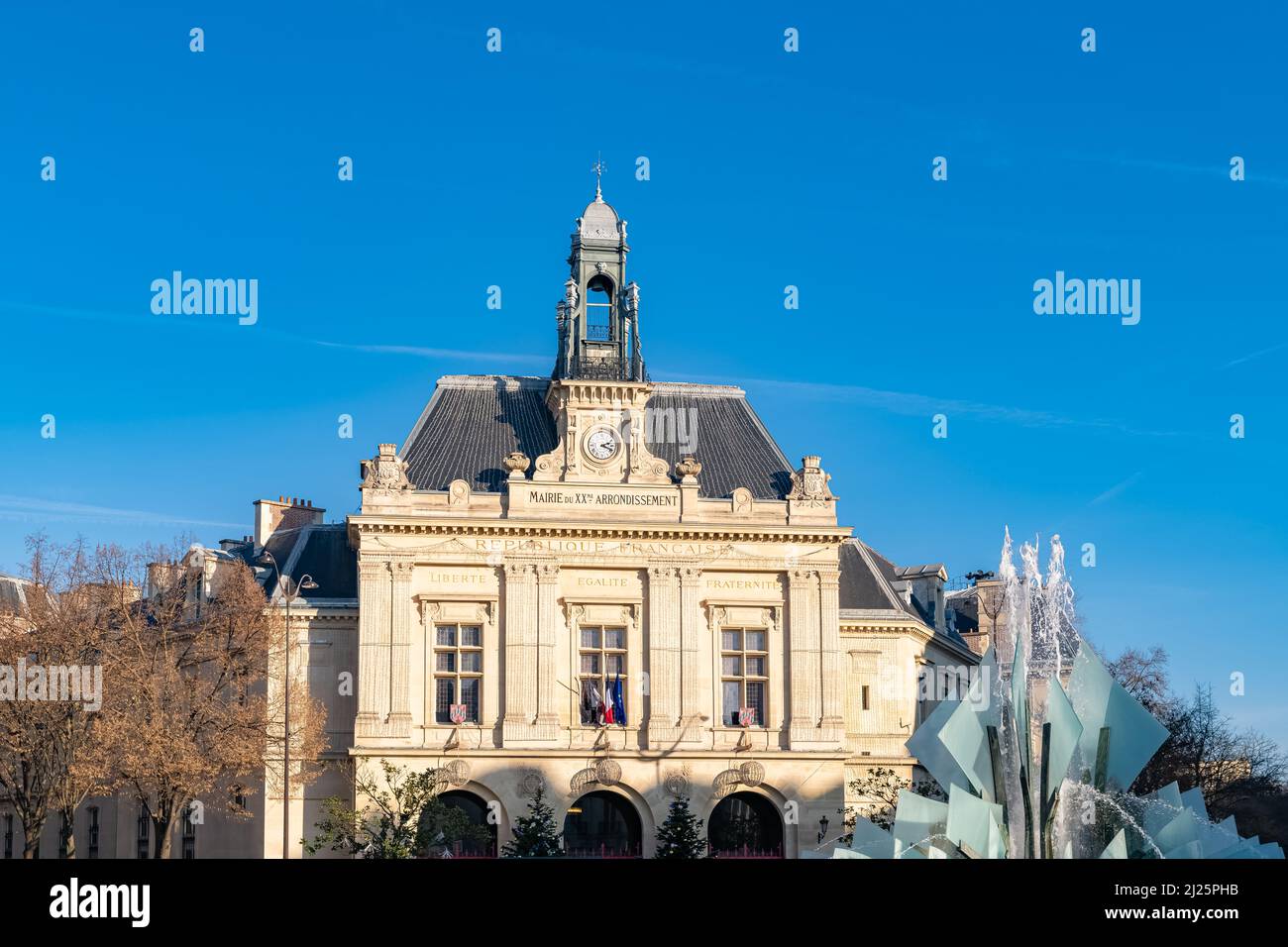 Paris, the facade of the city hall of the 20e arrondissement, place ...