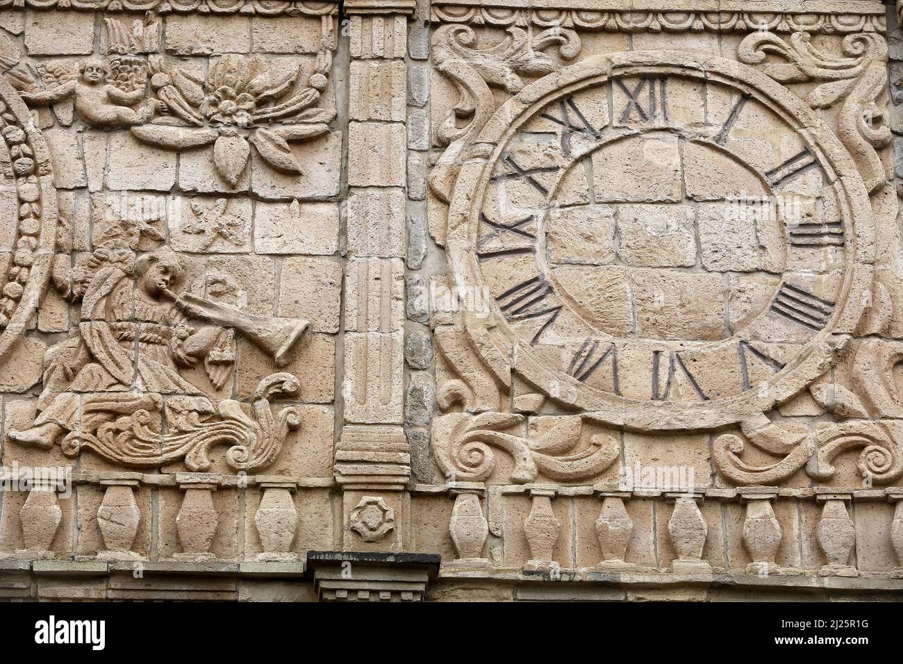 Reliefs on the facade of St Peter's cathedral, Riobamba, Ecuador Stock ...