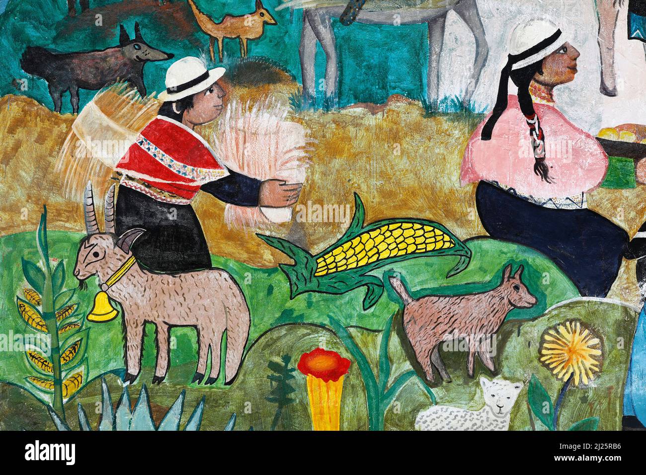 Detail of a collective mural painting directed by Pablo Sanaguano in a ...
