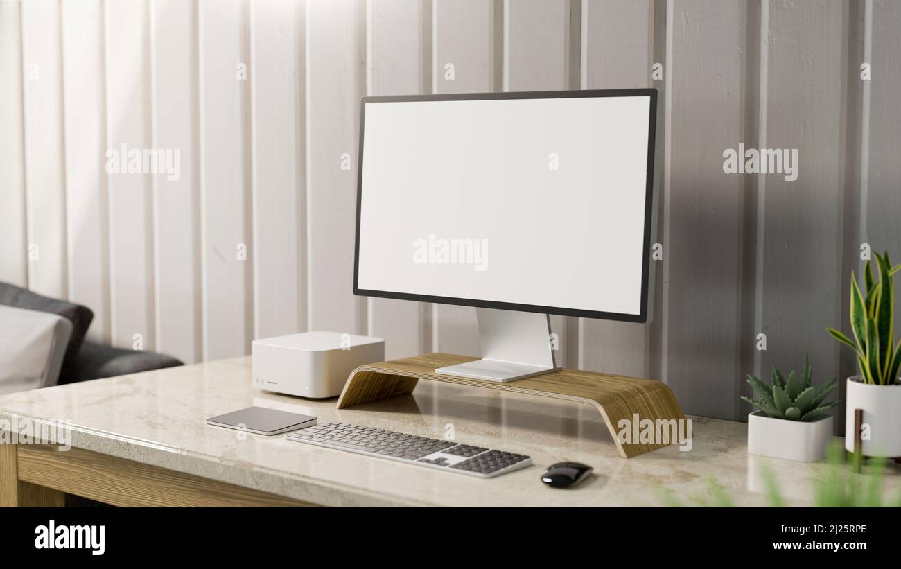 Home workspace interior with computer white screen mockup, keyboard ...