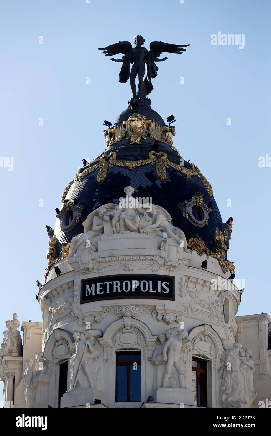 Madrid landmark Metropolis building on the corner of Calle de Alcala ...