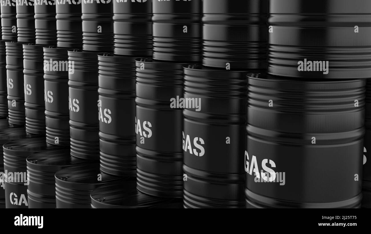Gas fuel barrels arranged in array stacked against each other render 3d ...