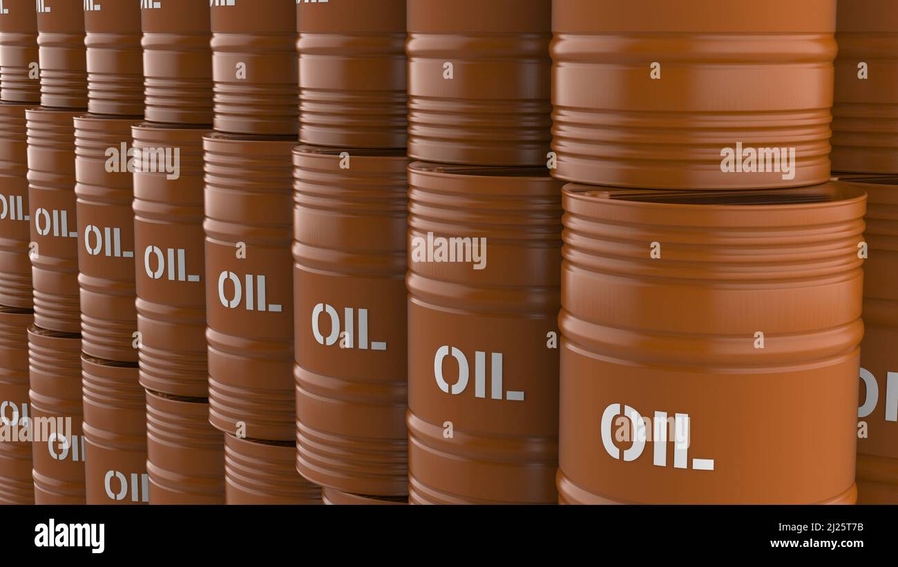 Gas fuel barrels arranged in array stacked against each other render 3d ...