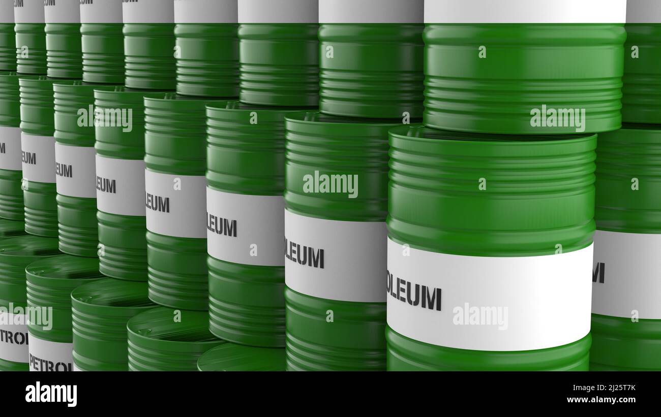 Fuel in painted green steel cans petrochemical industry image 3d render ...
