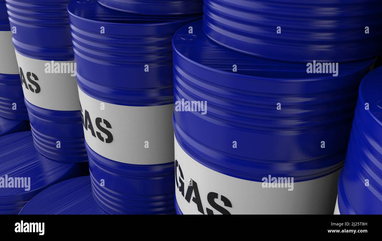 Gas fuel barrels arranged in array stacked bluea gainst each other ...