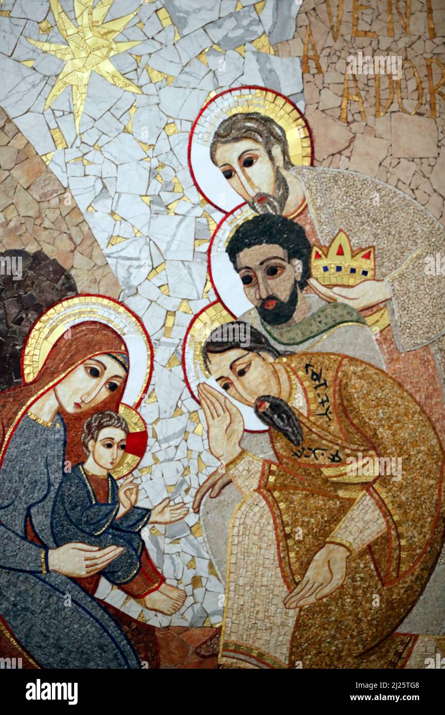 Almudena Cathedral. Mosaics. Nativity scene. Adoration of the Magi Stock Photo - Alamy