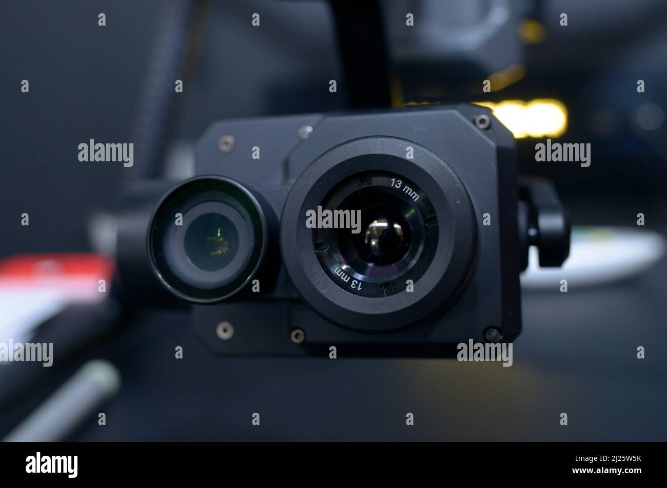 Dual lens camera designed for a Pro drones, placed on a stand Stock ...