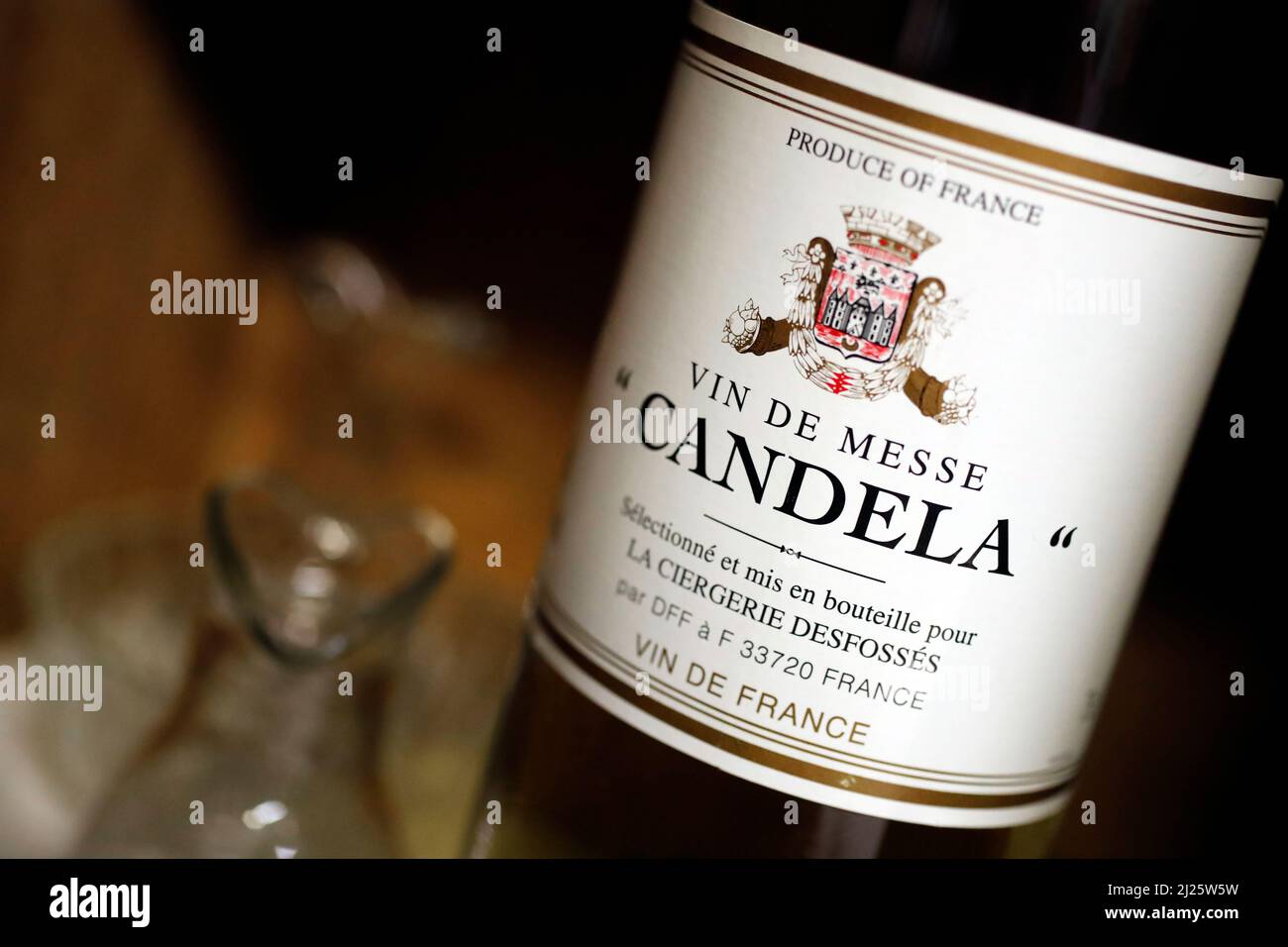 Sacristy of catholic church. Sweet white Sacramental wine for Mass ...