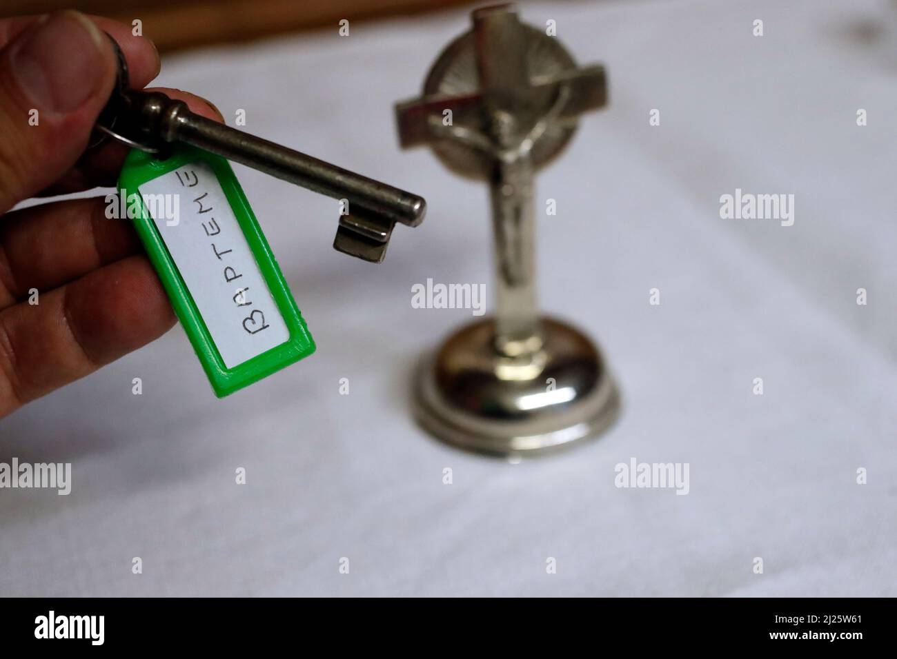 Sacristy of catholic church. Crucifix and key Stock Photo - Alamy