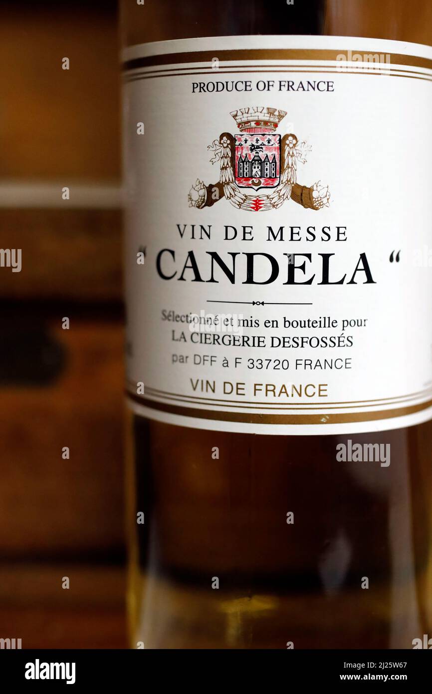 Sacristy of catholic church. Sweet white Sacramental wine for Mass ...