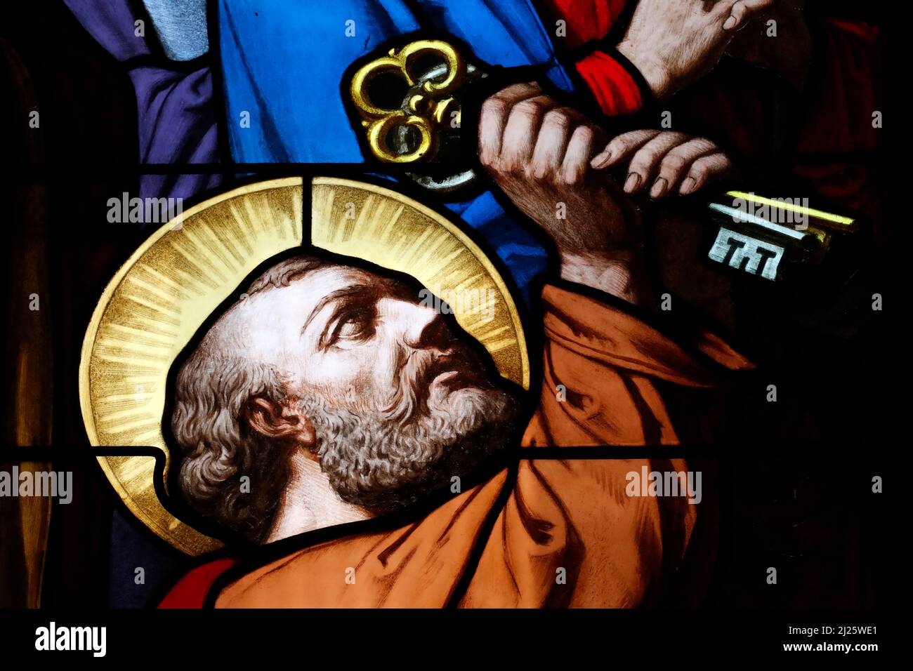 Saint Peter receiving the keys from Jesus. Stained glass window Stock ...