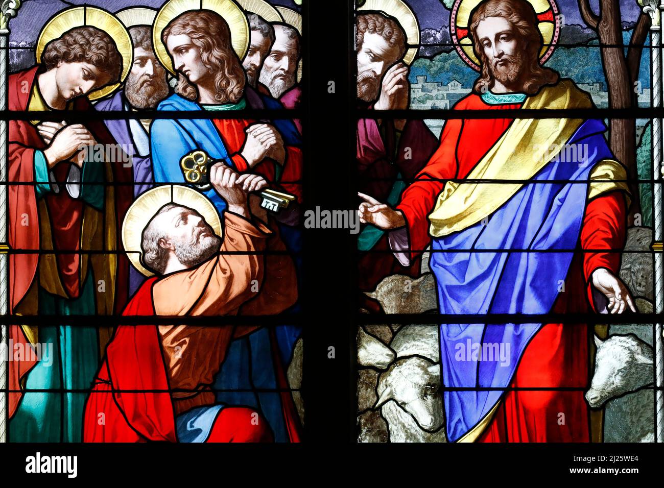 Saint Peter receiving the keys from Jesus. Stained glass window Stock ...