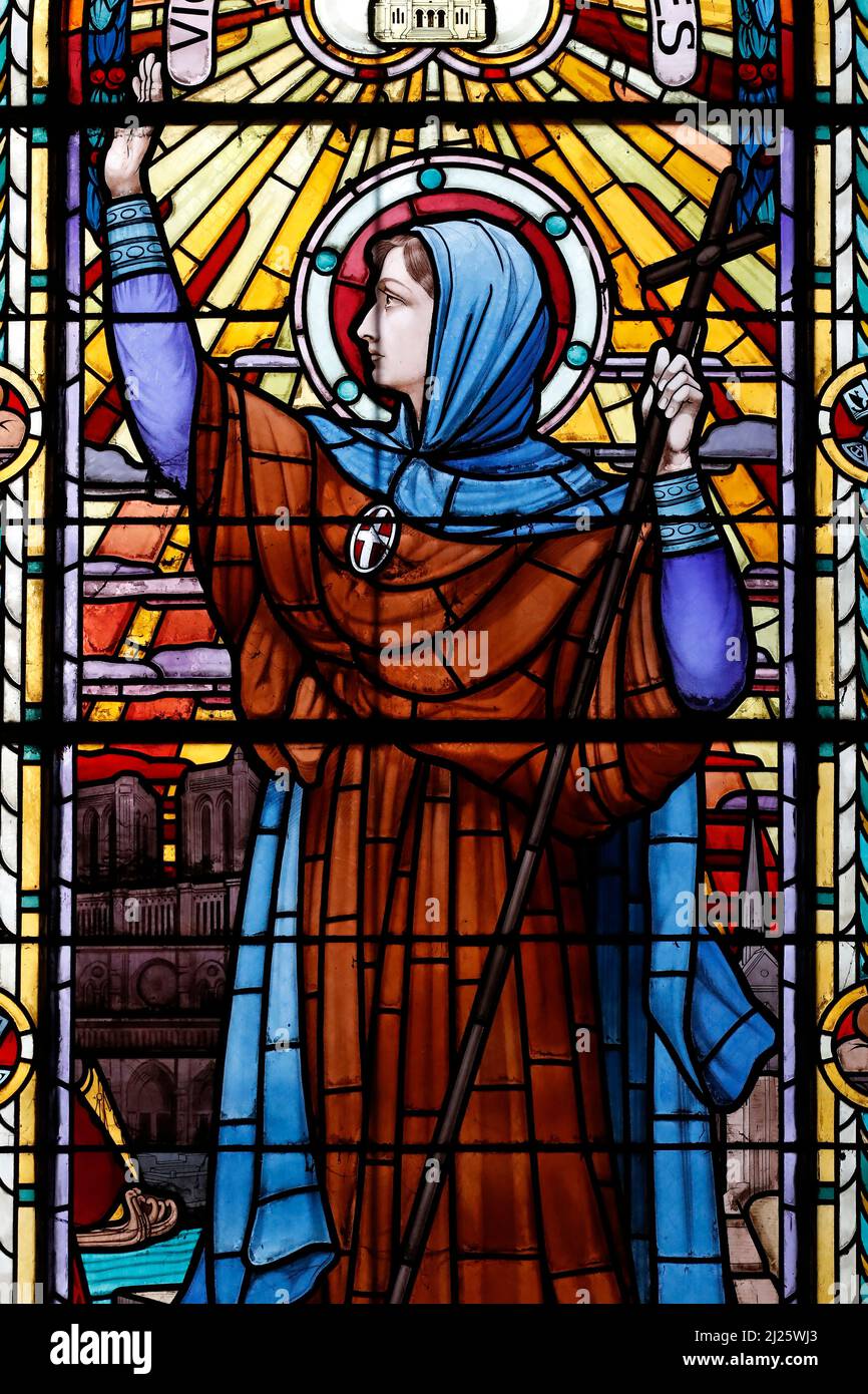 Saint Pothin church. Stained glass window. Genevieve the patroness ...