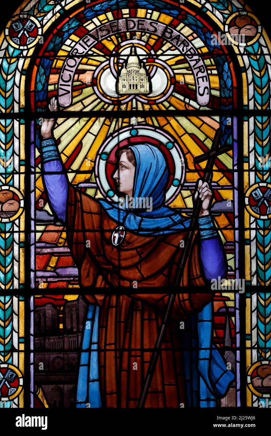 Saint Pothin church. Stained glass window. Genevieve the patroness ...