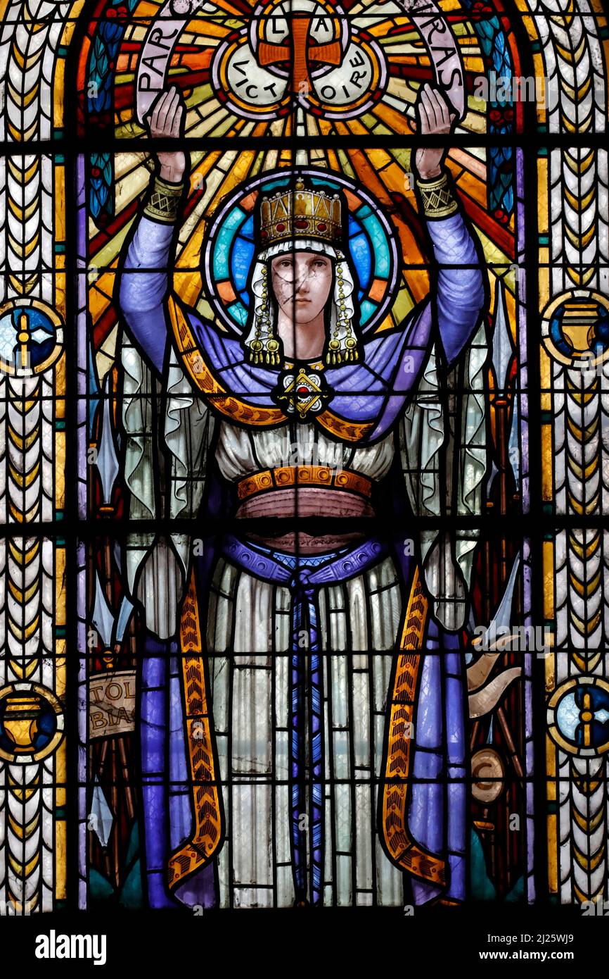 Saint Pothin church. Stained glass window. Ste Clotilde Stock Photo - Alamy