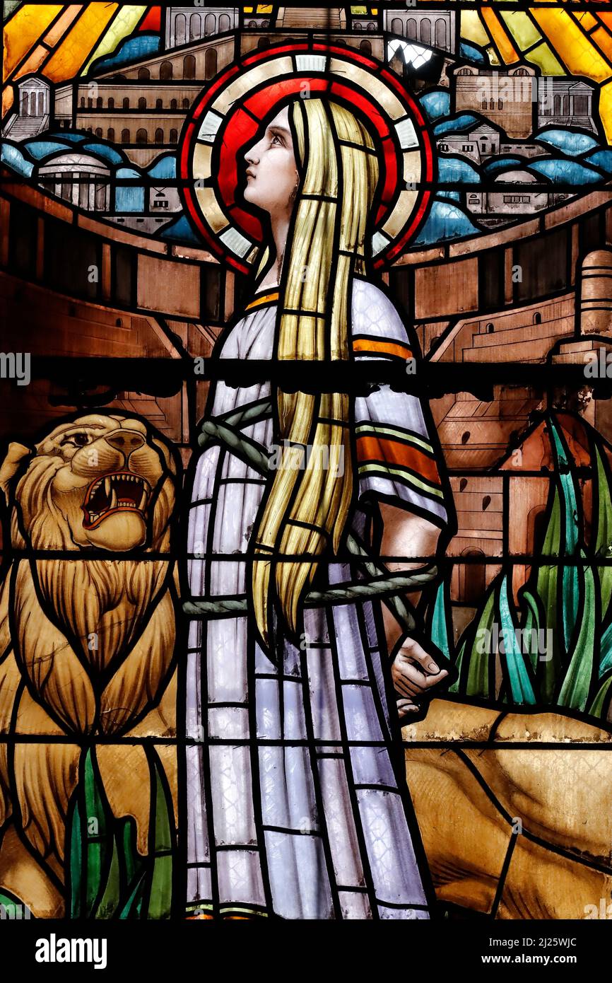 Saint Pothin church. Stained glass window. Saint Blandina or Saint ...