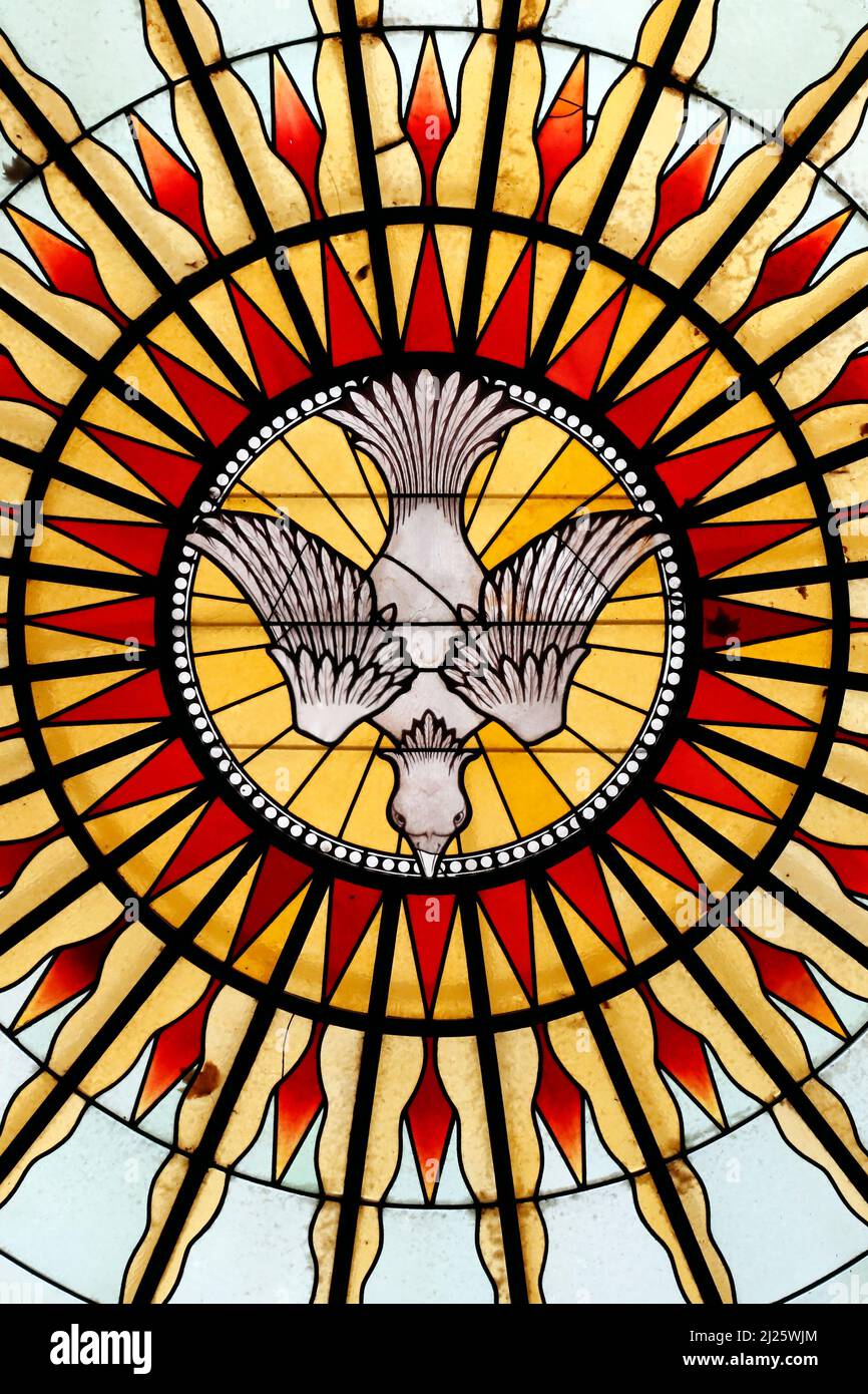 Saint Pothin church. Stained glass window. The dove of Holy Spirit ...