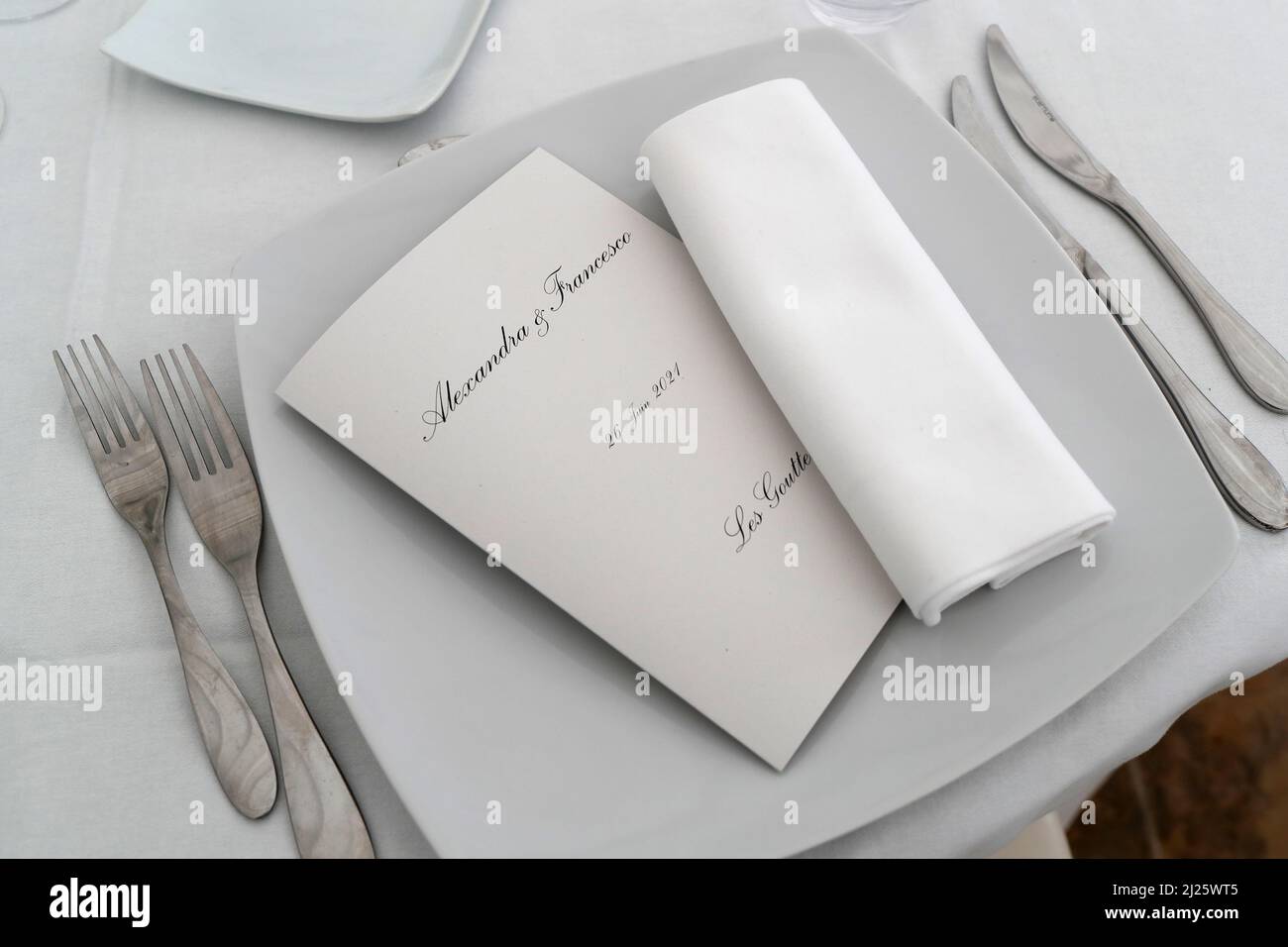 Table for wedding party. Set menu Stock Photo - Alamy