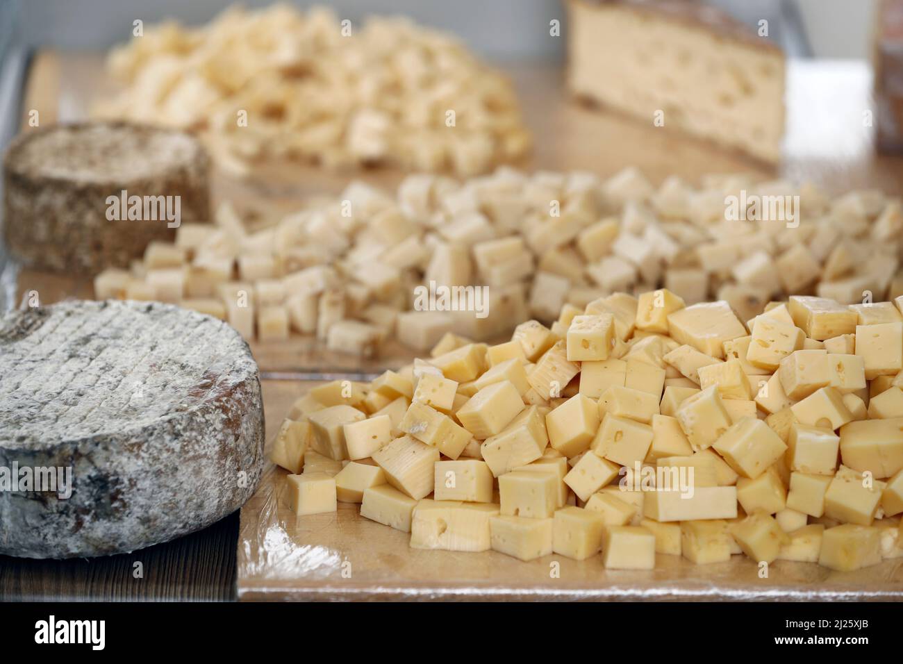 French mountain cheese. Traditional Tomme de Savoie. French Alps Stock ...