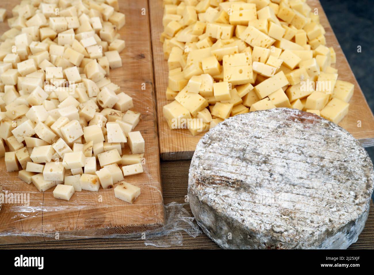 French mountain cheese. Traditional Tomme de Savoie. French Alps Stock ...