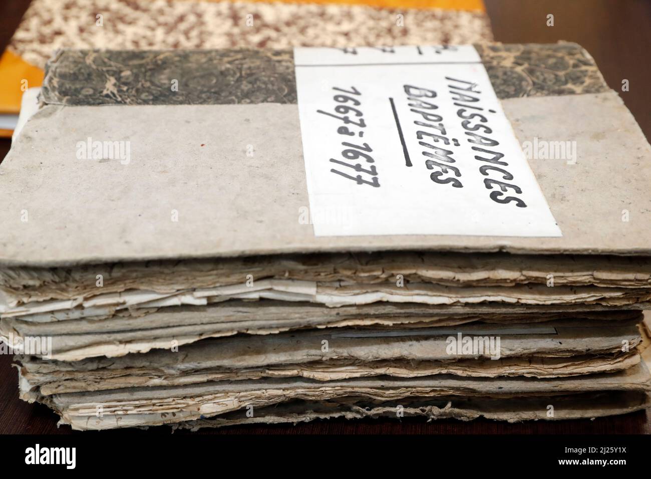 City hall. Old birth registration book Stock Photo - Alamy