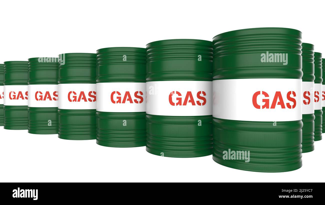 3d render illustration Gas fuel barrels arranged in array stacked ...