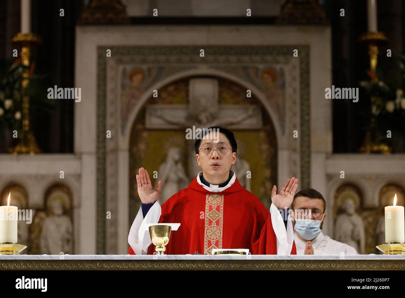 Catholic mass in the Sacred Heart basilica, Paris, France Stock Photo ...