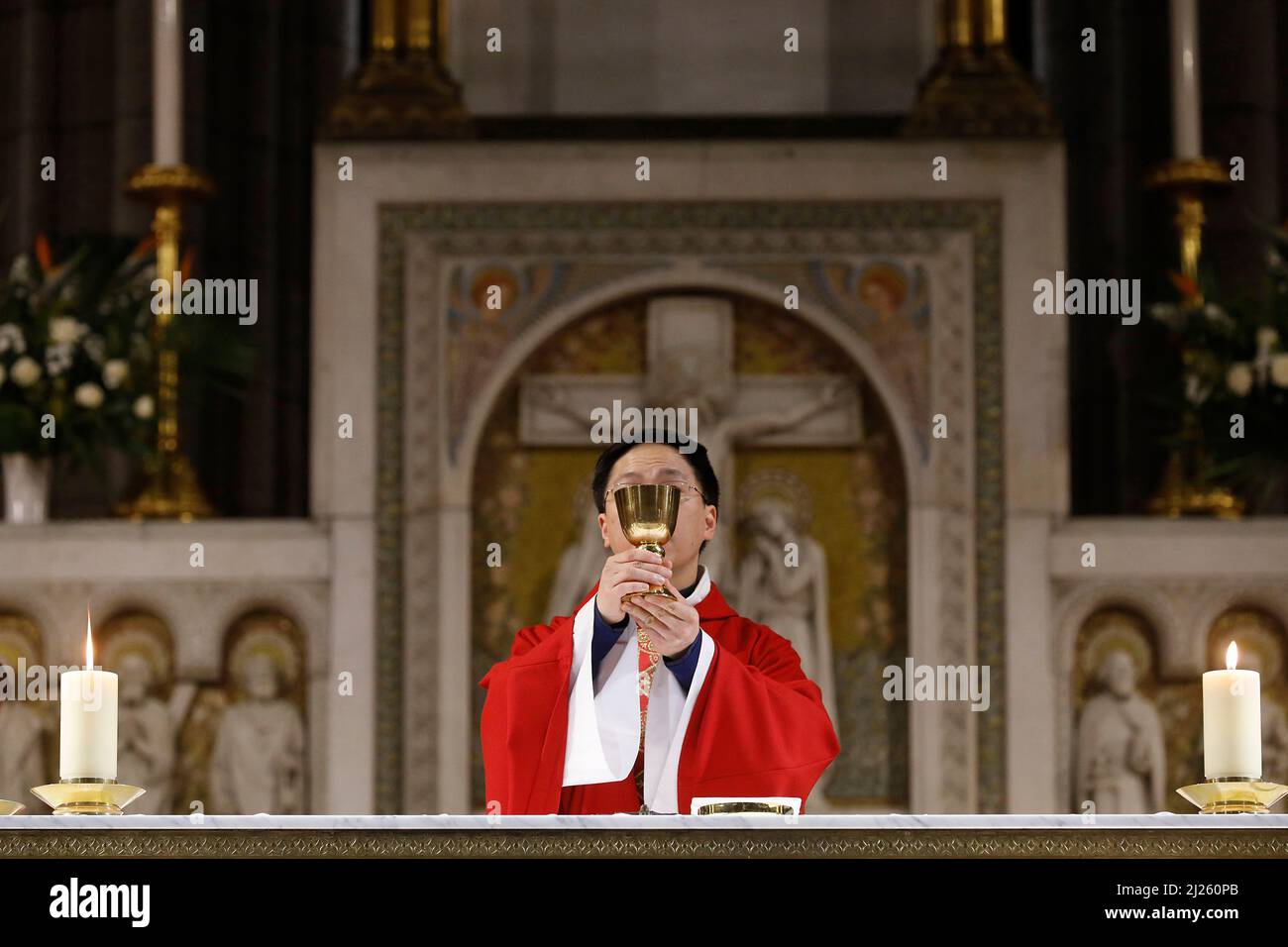 Catholic mass in the Sacred Heart basilica, Paris, France Stock Photo ...