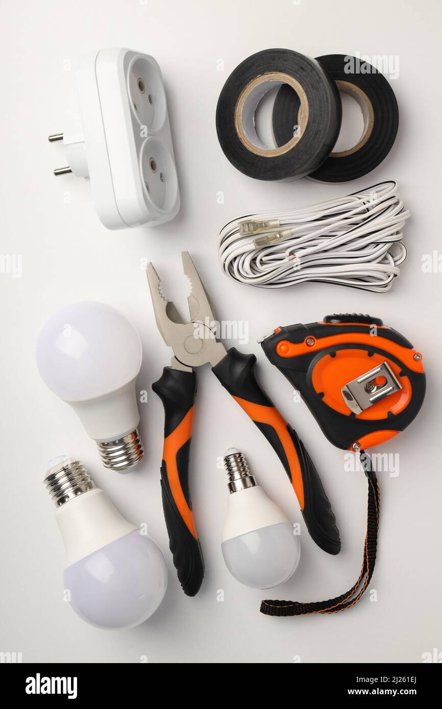 Concept of electrician or electrical tools, top view Stock Photo - Alamy