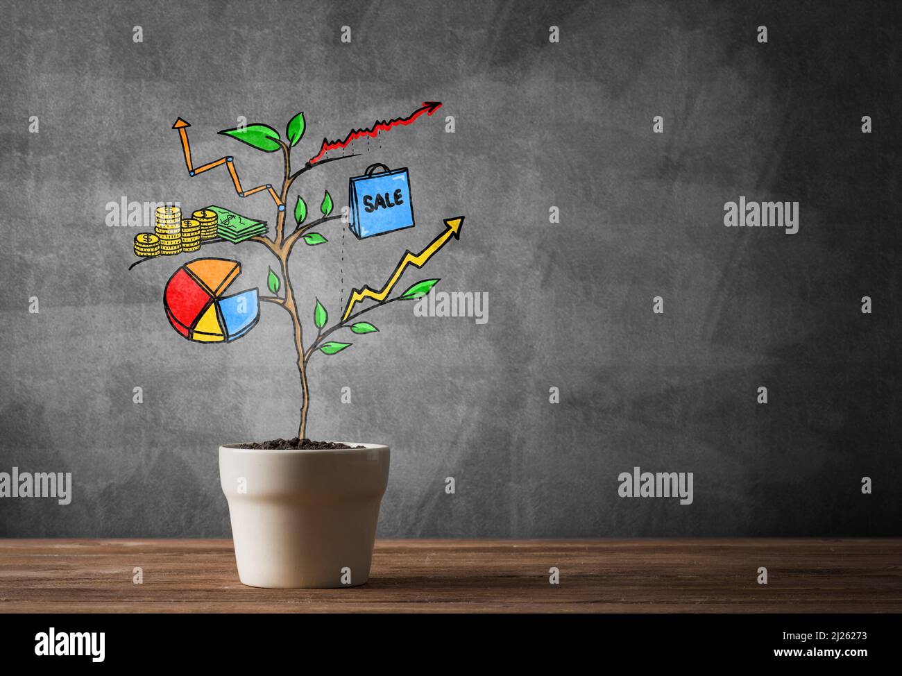 Drawn income tree in white pot for business investment savings and ...