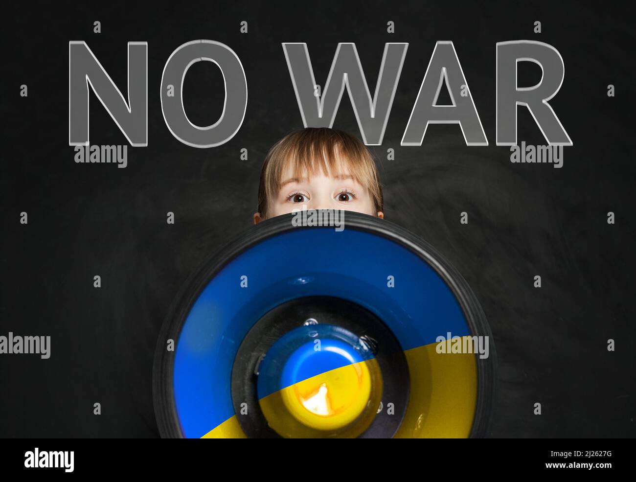 Cute child yelling through a blue and yellow color megaphone No War ...