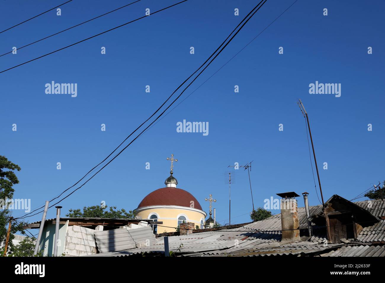 Cables, corrugated iron and church in Chisinau, Moldova Stock Photo - Alamy