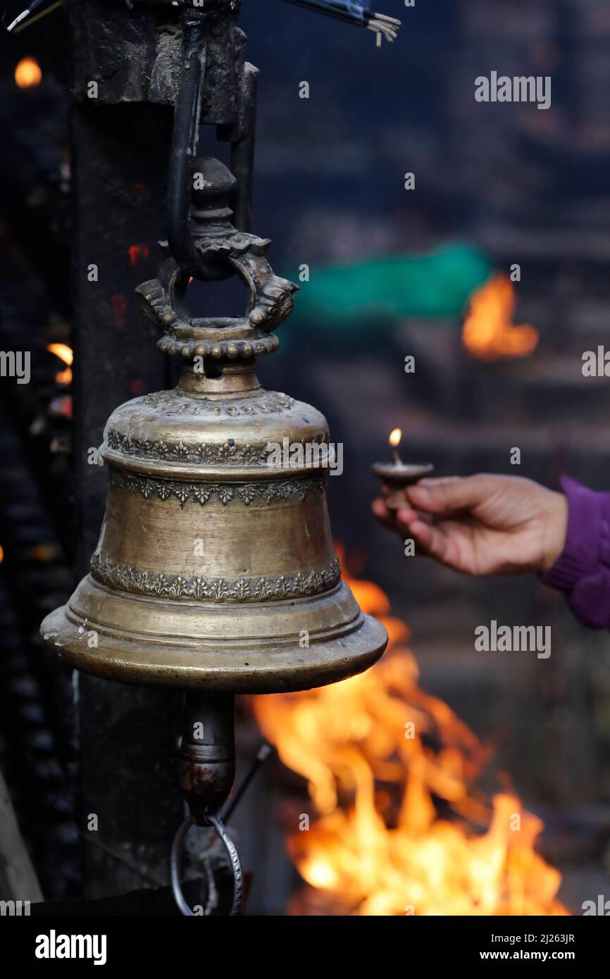 Hindu bell and fire ritual at Durbar Square Stock Photo - Alamy
