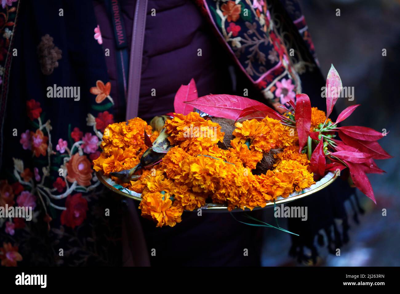 Flowers used as temple offerings. Hindu ceremony Stock Photo - Alamy