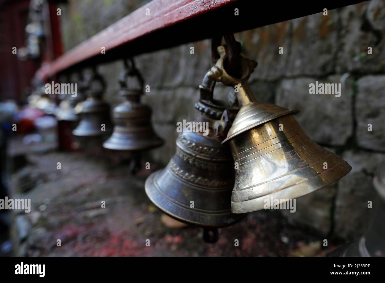 Sacred bells in a hindu temple. Dakshinkali Temple or Dakshin Kali ...