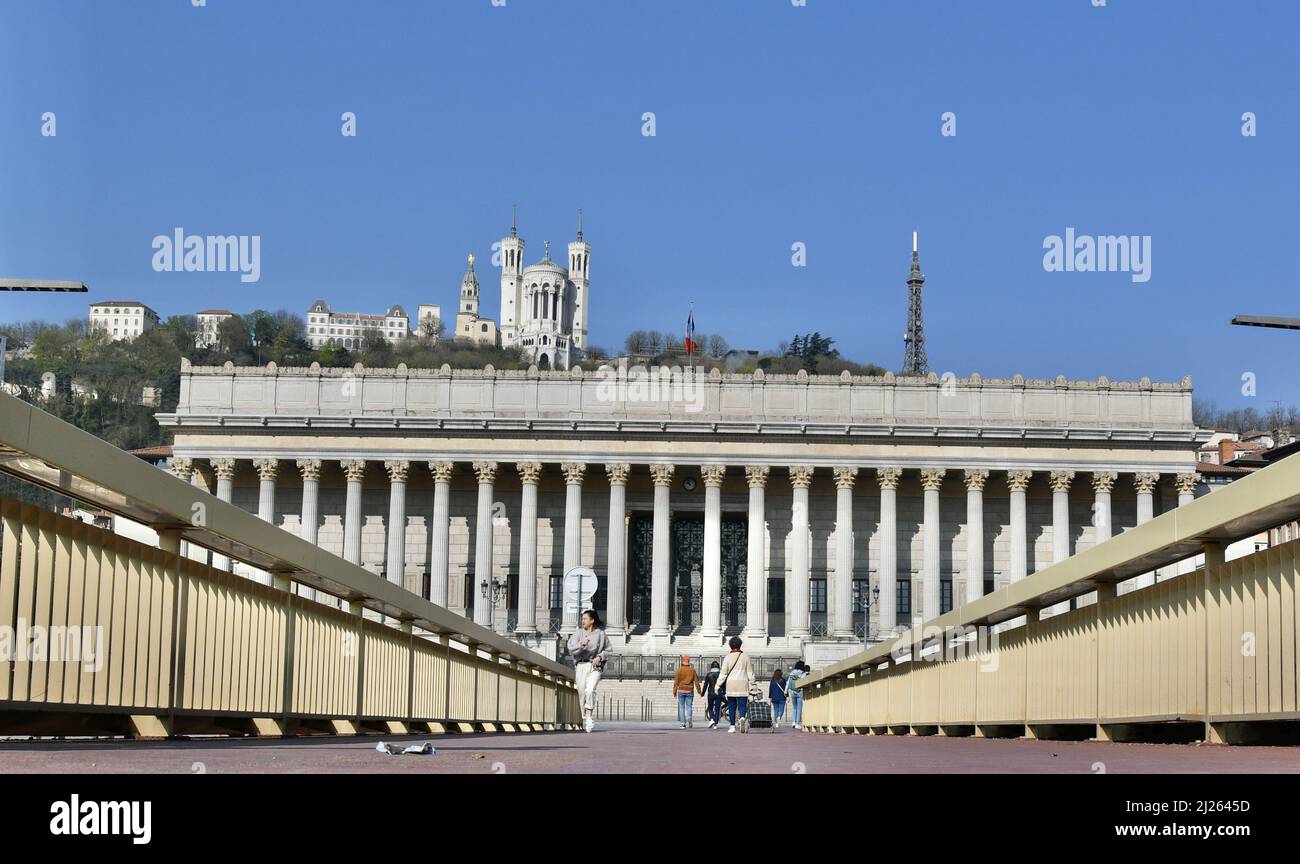 Lyon Courthouse with the Basilica of Notre Dame de Fourviere in the ...