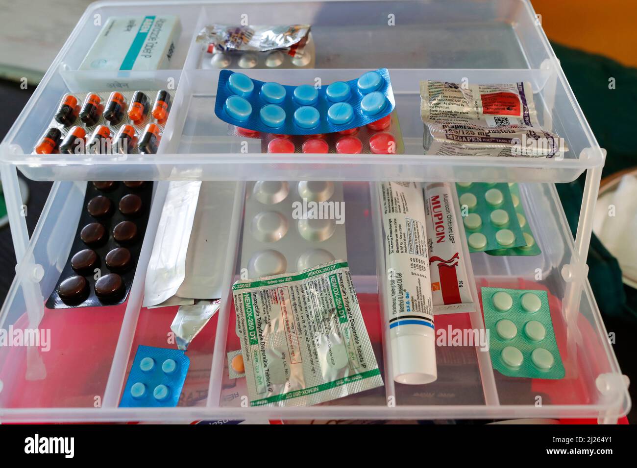 Infirmary in a primary school. Box with medicines for children Stock ...