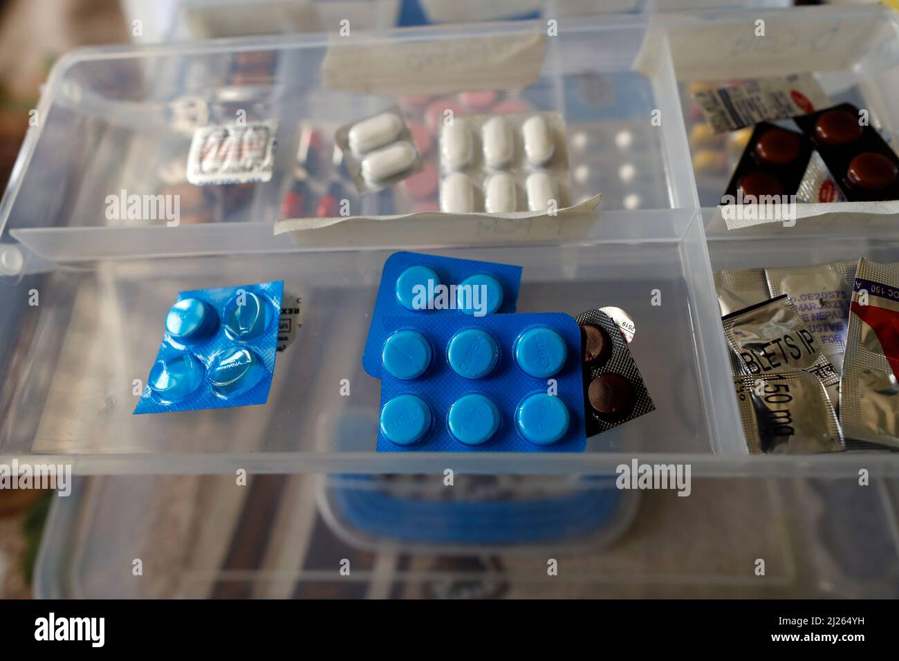 Infirmary in a primary school. Box with medicines for children Stock ...